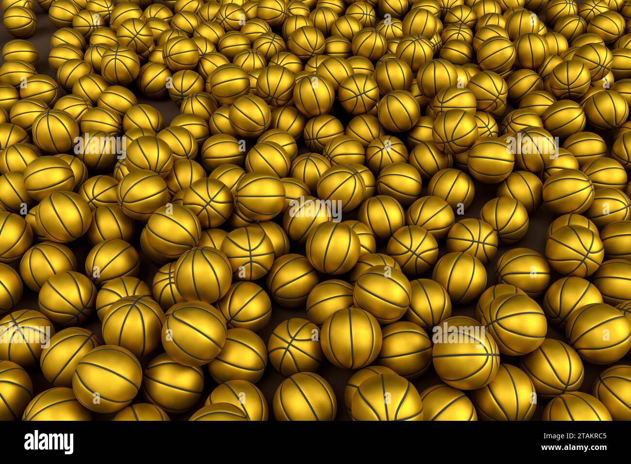 Many of flying gold basketball ball falling on dark background. 3d ...