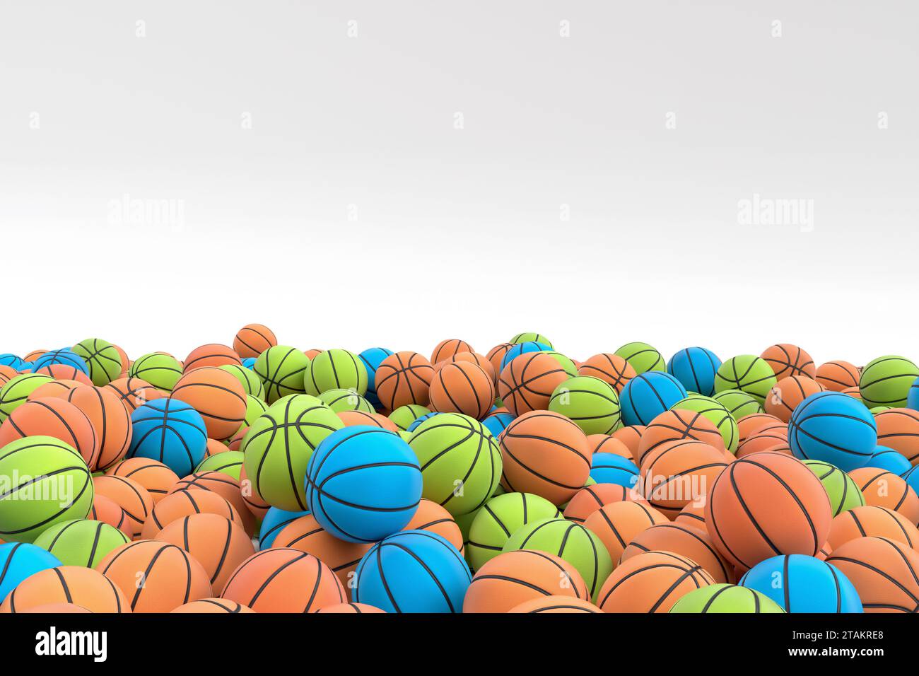 Many of flying multicolor basketball ball falling on white background ...