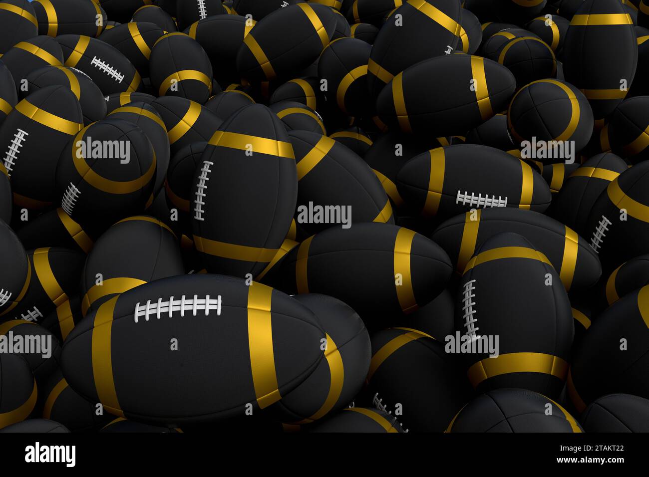 Many of flying black american football ball falling on white background ...
