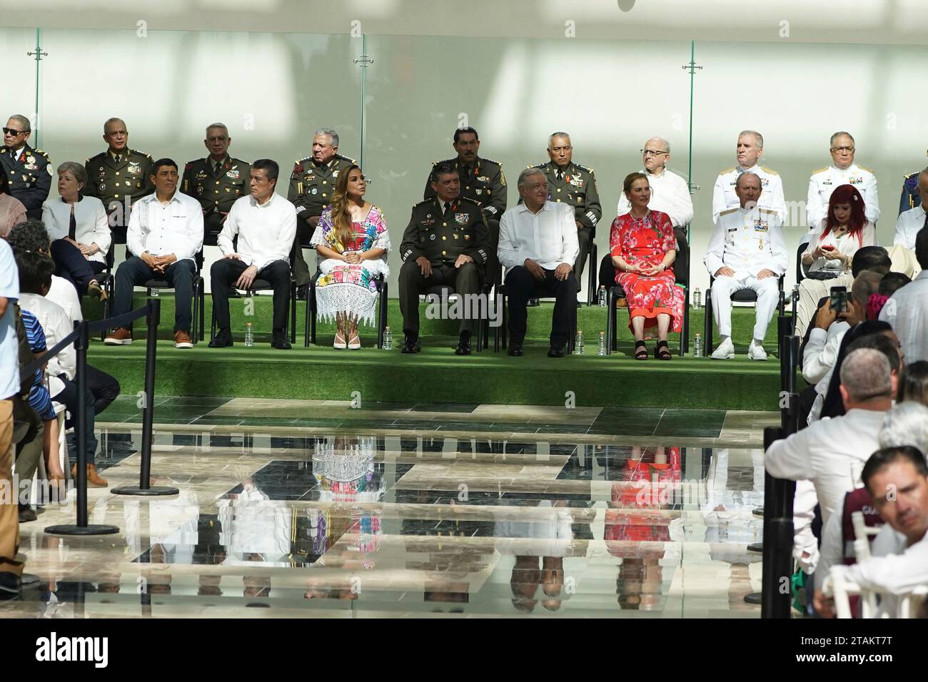 Mexico's President Andres Manuel Lopez Obrador, center, dignitaries and ...