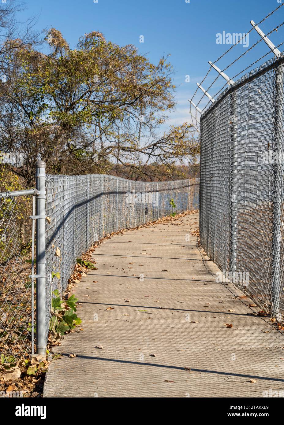narrow fenced pathway to hydro power station overlook - Wilson Dam on ...