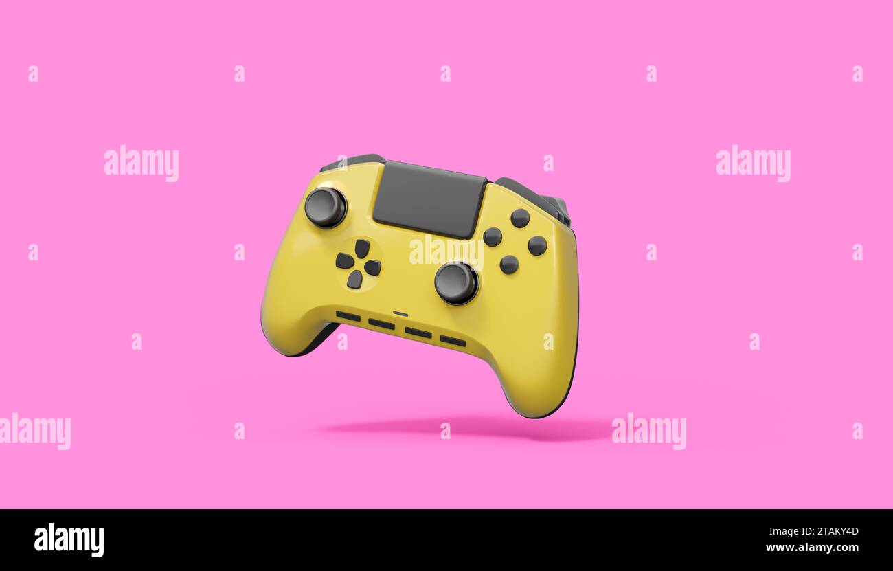Realistic yellow video game joysticks or gamepads on pink background ...
