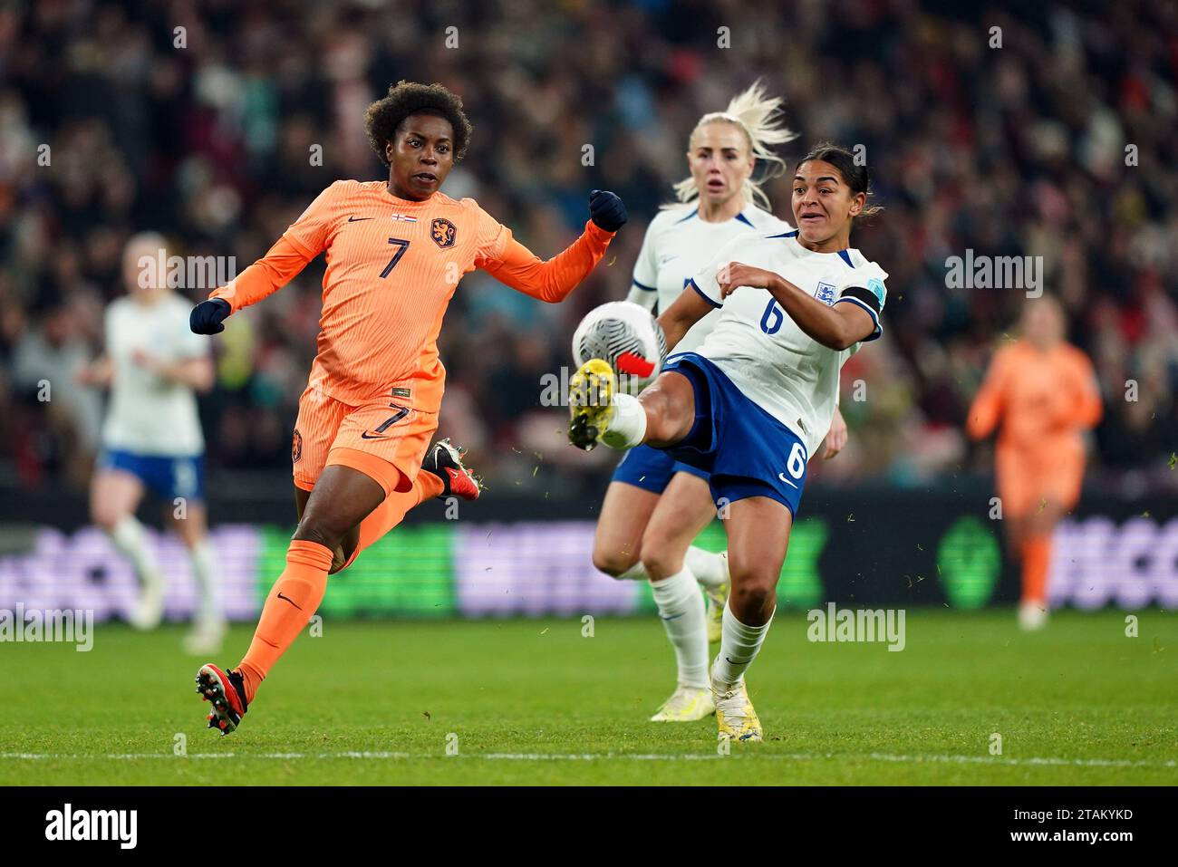 England's Jess Carter clears the ball under pressure from Netherlands ...