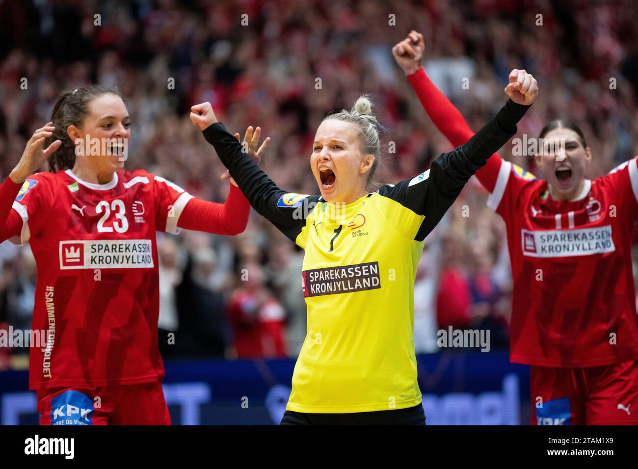 Denmark's Sandra Toft scores and celebrates with Kristina Joergensen ...