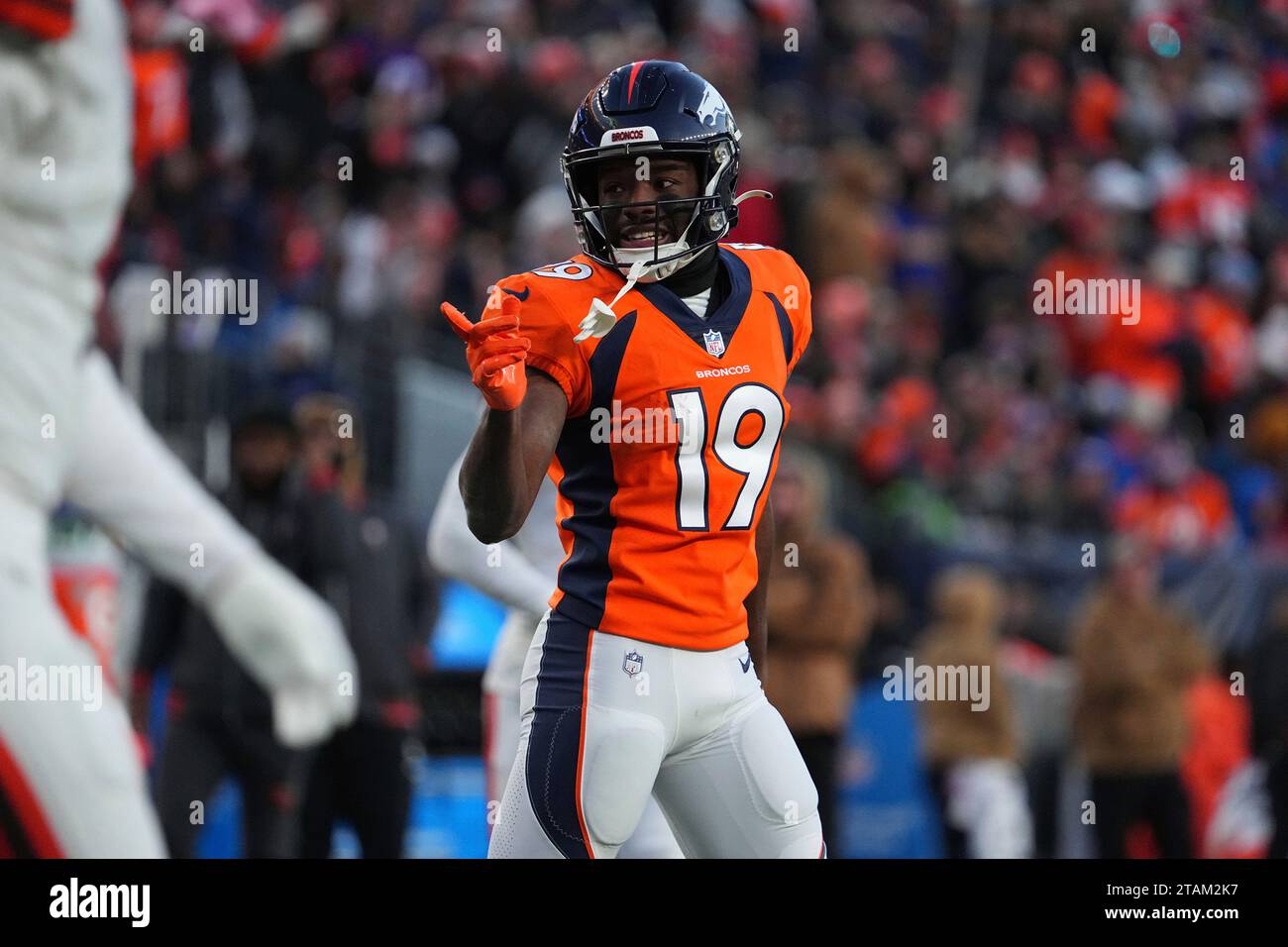 Denver Broncos wide receiver Marvin Mims Jr. (19) against the Cleveland Browns of an NFL ...