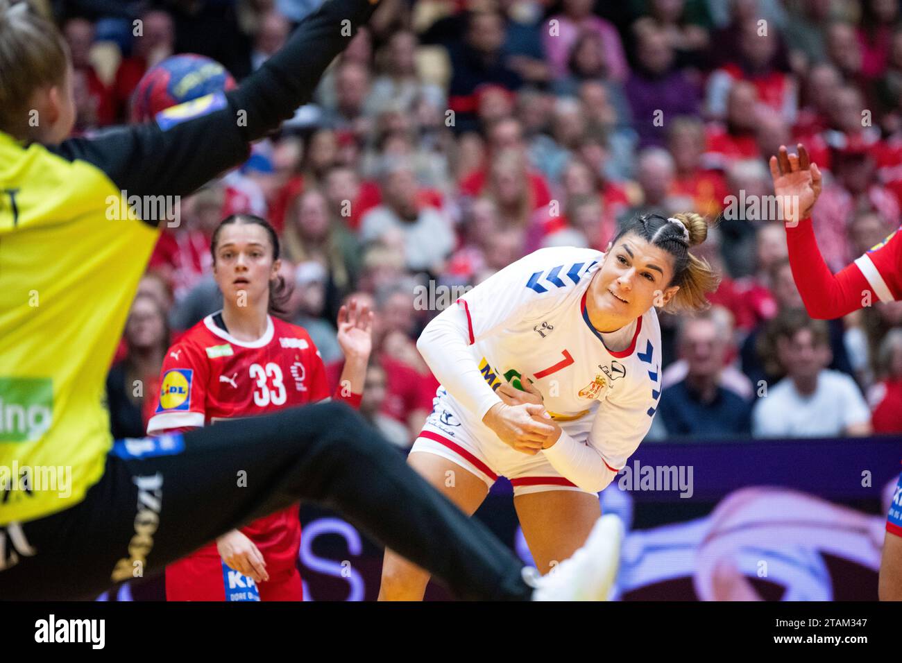 Serbia's Aleksandra Vukajlovic finishes directly in the face of Denmark ...