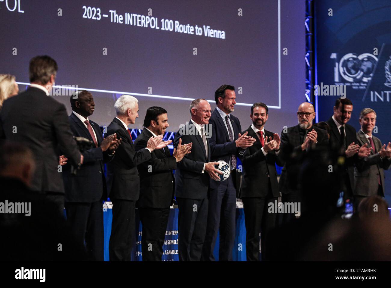 Vienna, Austria, Austria. 1st Dec, 2023. Panel members hold a football ...