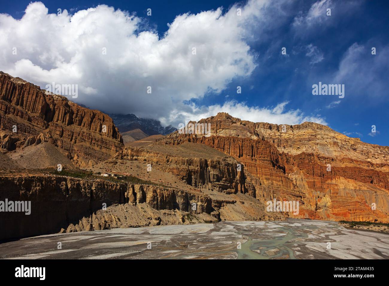 Mineral laden cliffs rise above the Kali Gandaki River Gorge - Mustang ...