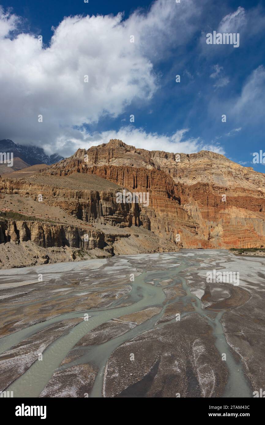 Mineral laden cliffs rise above the Kali Gandaki River Gorge - Mustang ...