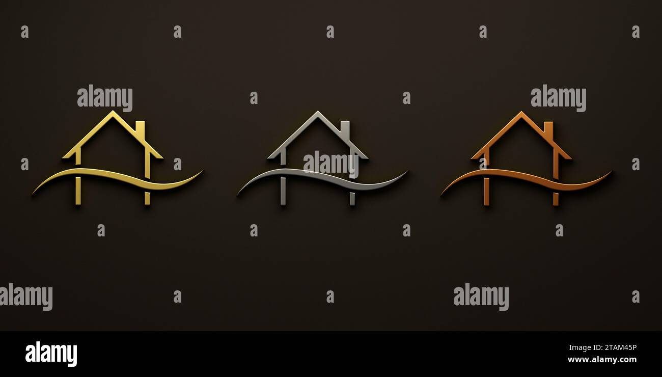 Three houses logo with wave in metallic colors . 3D rendering ...