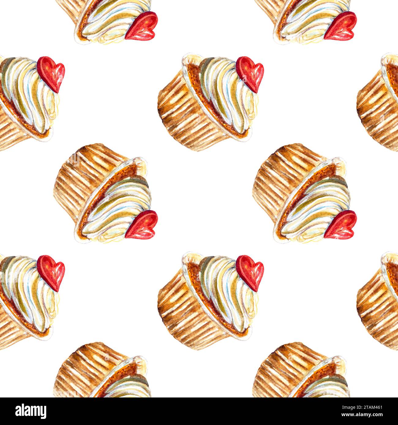 Cake with cream and heart. Watercolor illustration of seamless pattern ...