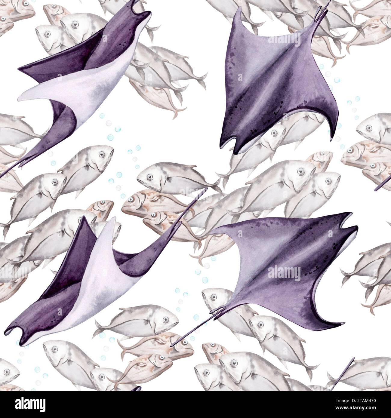 Seamless pattern with school of fish and manta rays swimming together ...