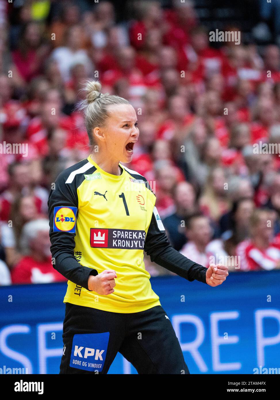 Denmark's goalkeeper Sandra Toft reacts during the World Cup match ...