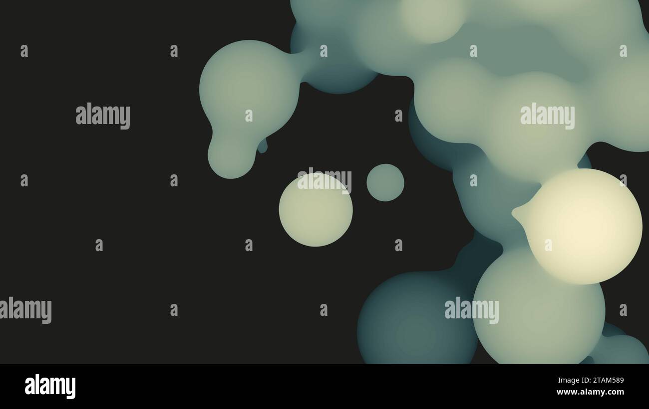 Abstract 3d fluid metaball shape with light green balls. Synthwave ...