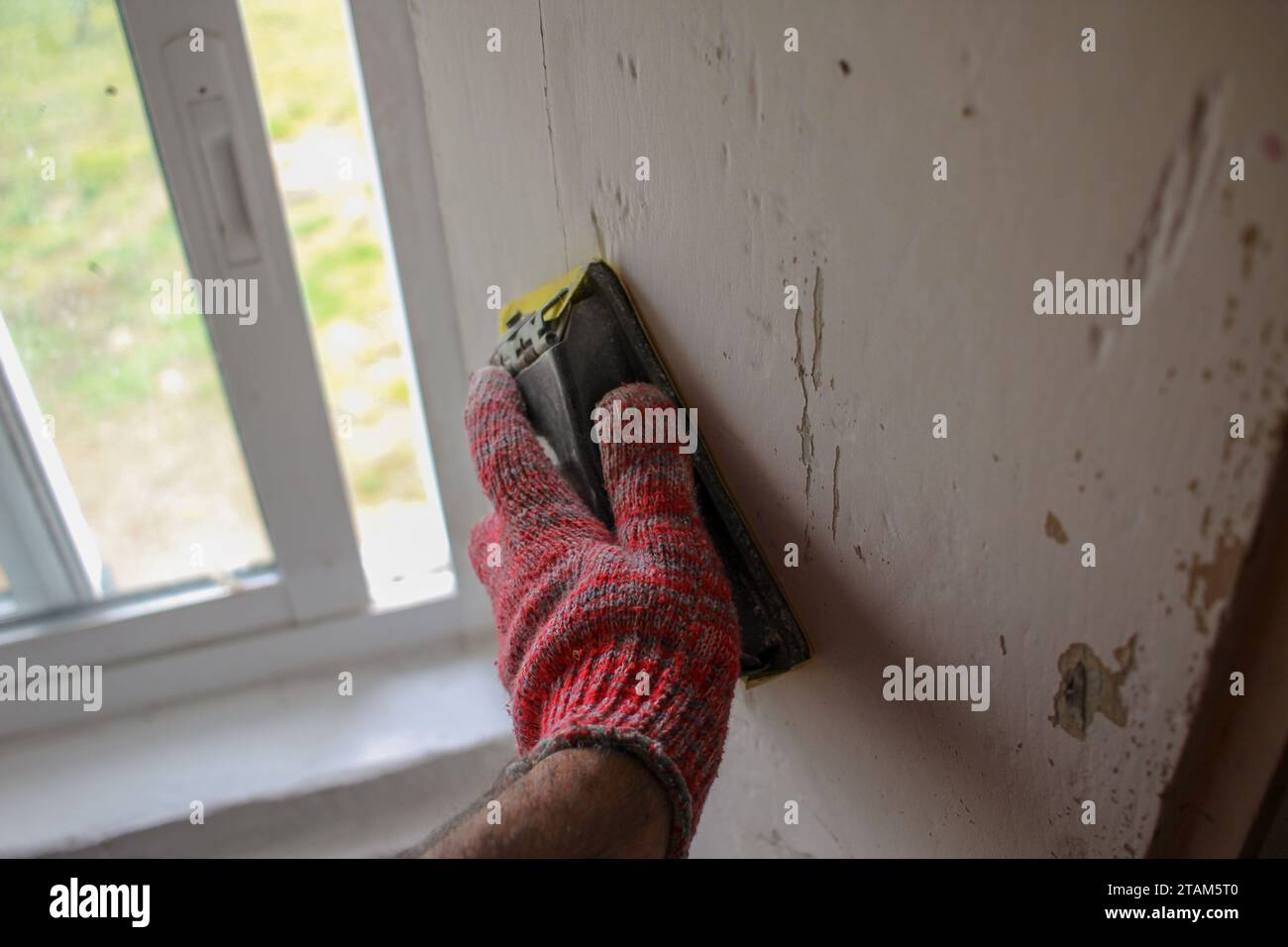 Sanding Elegance: Gloved Hand Polishing White Wooden Window Stock Photo ...