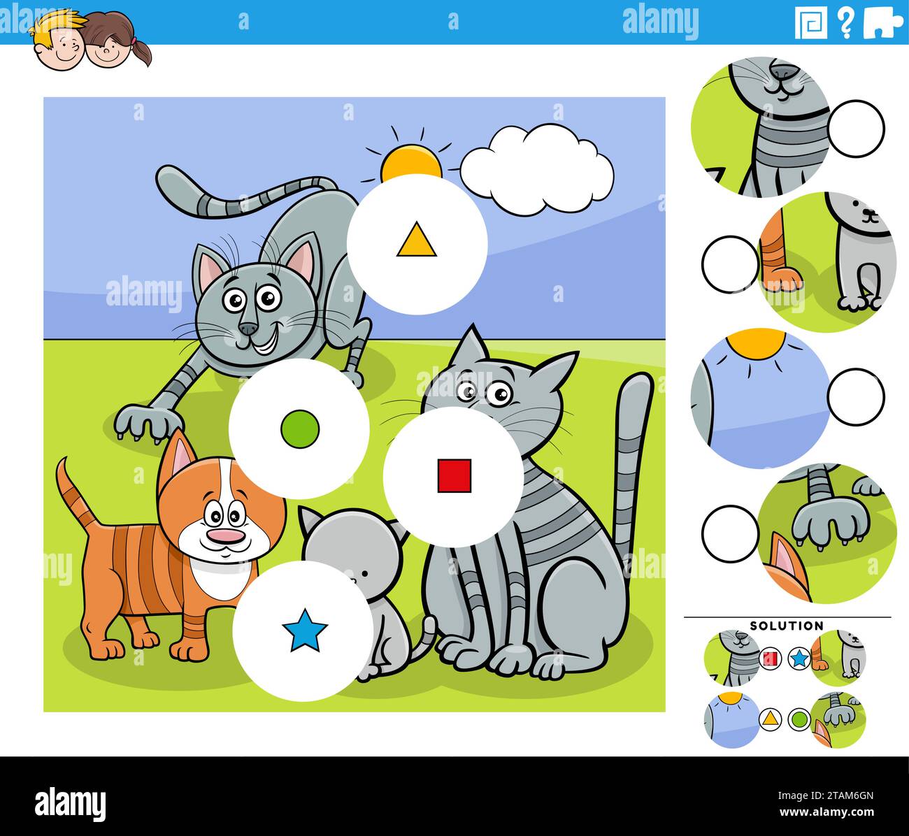 Cartoon illustration of educational match the pieces jigsaw puzzle game ...