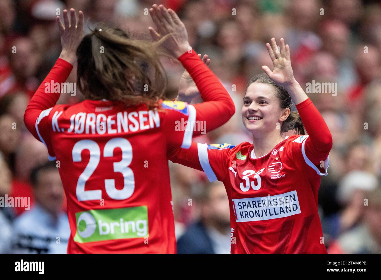 Denmark's Emma Friis has scored and celebrates with Kristina Joergensen ...