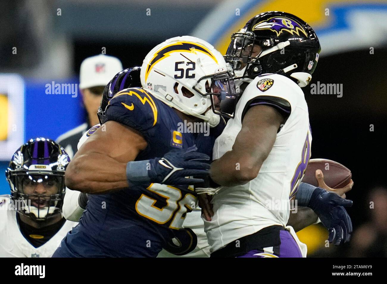 Los Angeles Chargers linebacker Khalil Mack (52) tackles Baltimore ...