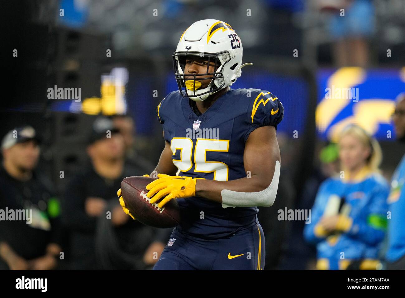 Los Angeles Chargers running back Joshua Kelley warms up before an NFL ...