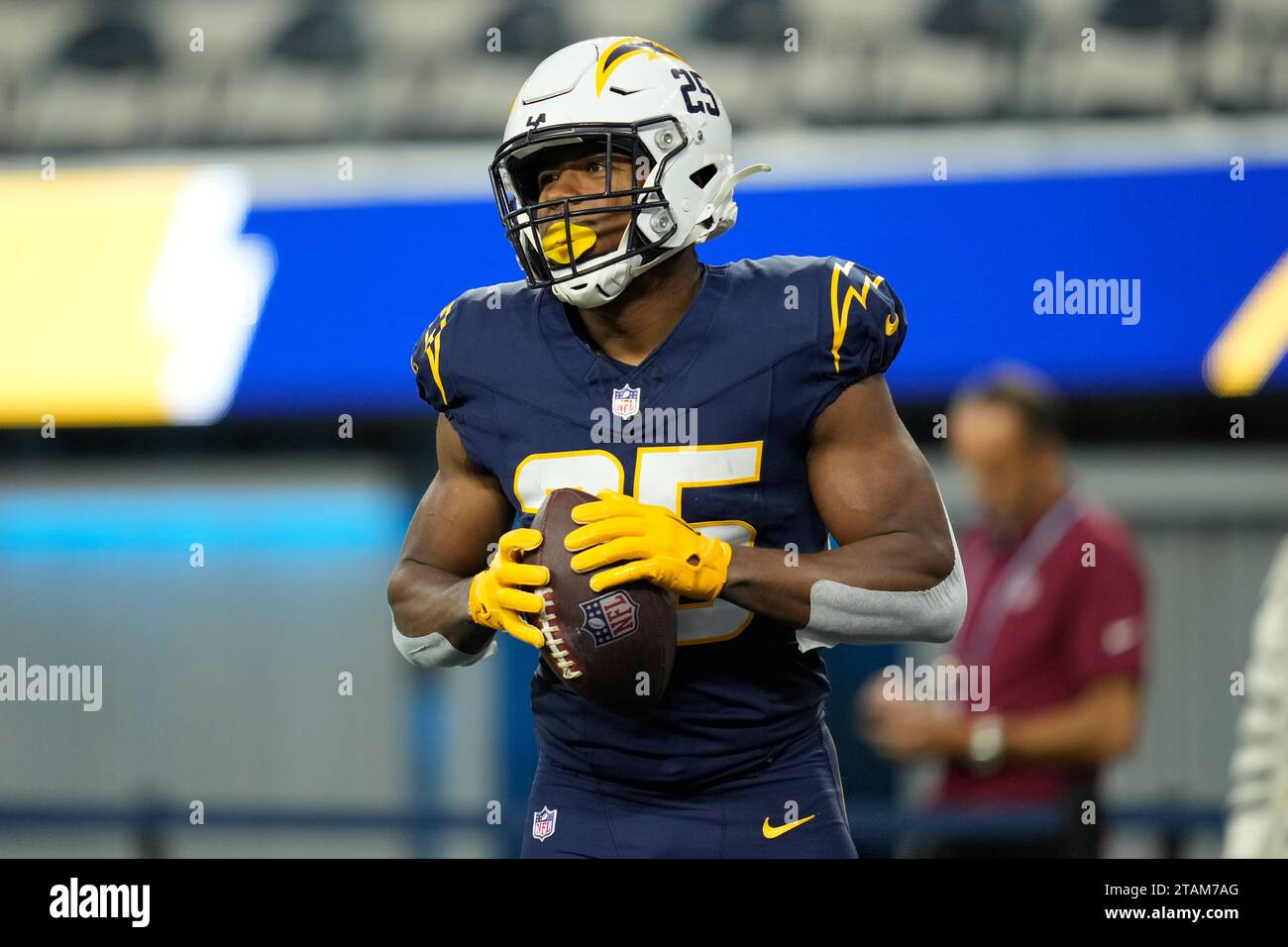 Los Angeles Chargers running back Joshua Kelley warms up before an NFL ...