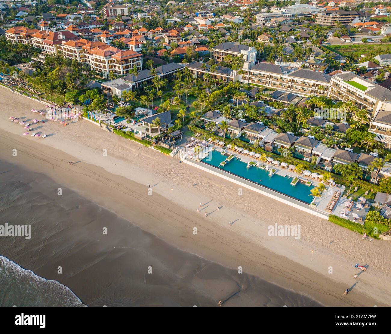 Aerial view of Seminyak beach coastline. The famous and luxury Kuta ...