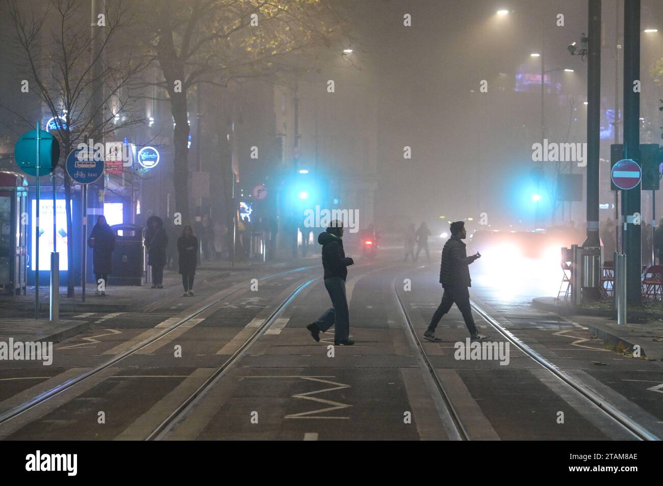 Broad Street, Birmingham 1st December 2023 - Freezing Fog hit the region as temperatures dipped ...