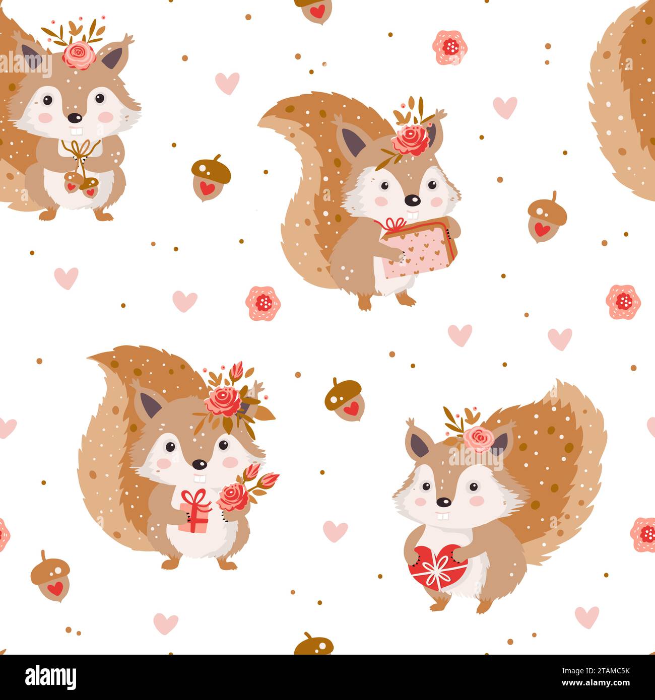A whimsical illustration of a group of adorable cartoon squirrels with ...