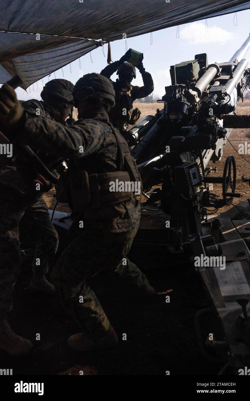 U.S. Marines load an M777 Howitzer during Artillery Relocation Training Program 23.3 in the ...