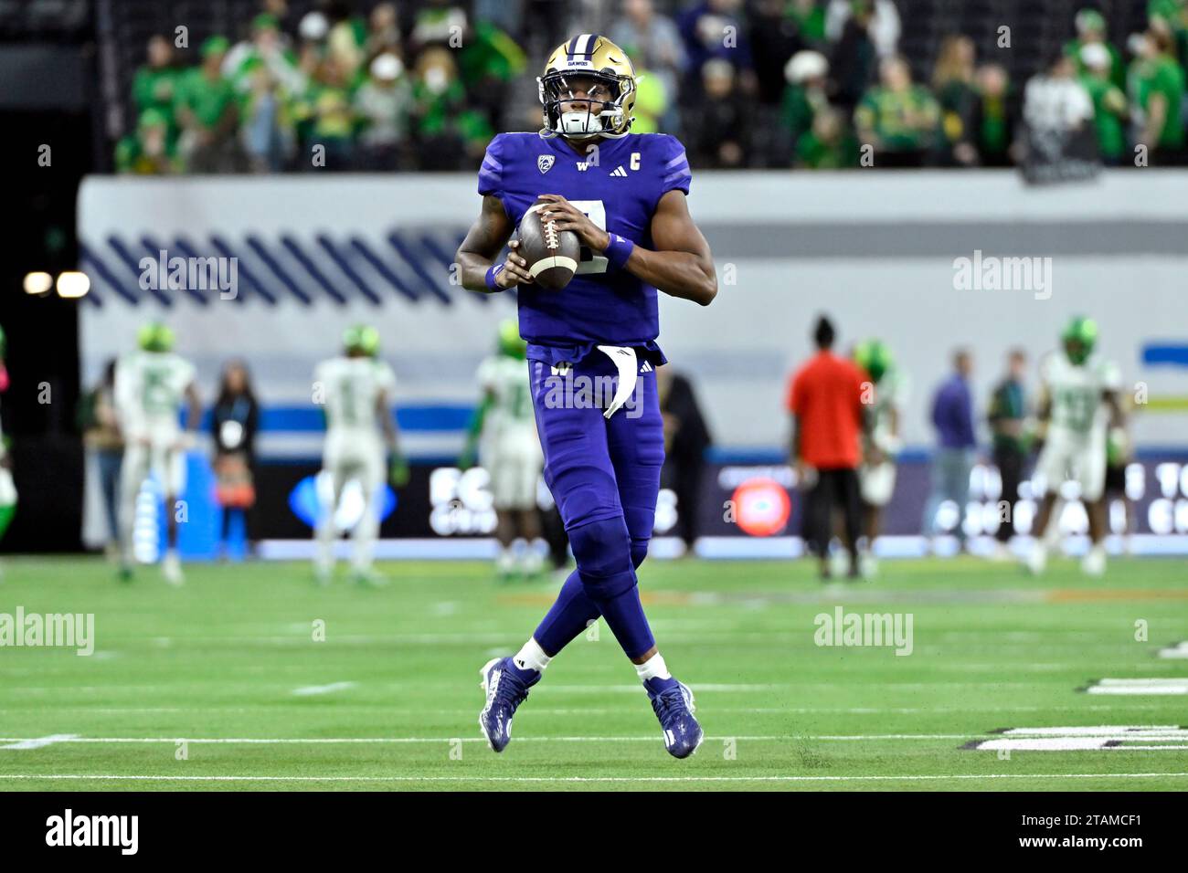 Washington quarterback Michael Penix Jr. warms up before the Pac-12 championship NCAA college ...