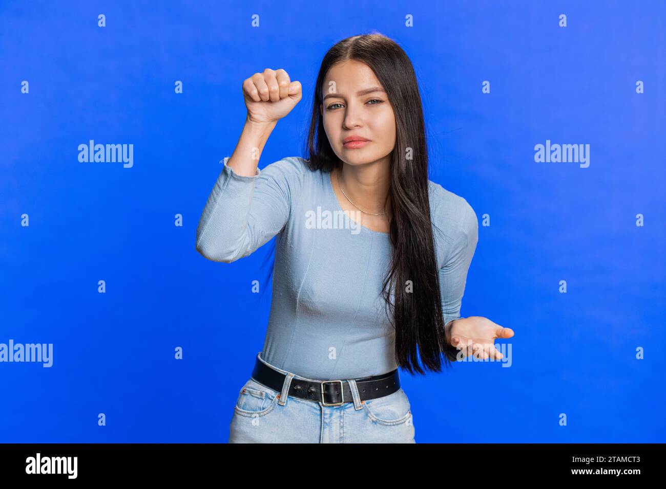 Knock Knock Who Is There Excited Young Woman Knocking Door Gesture