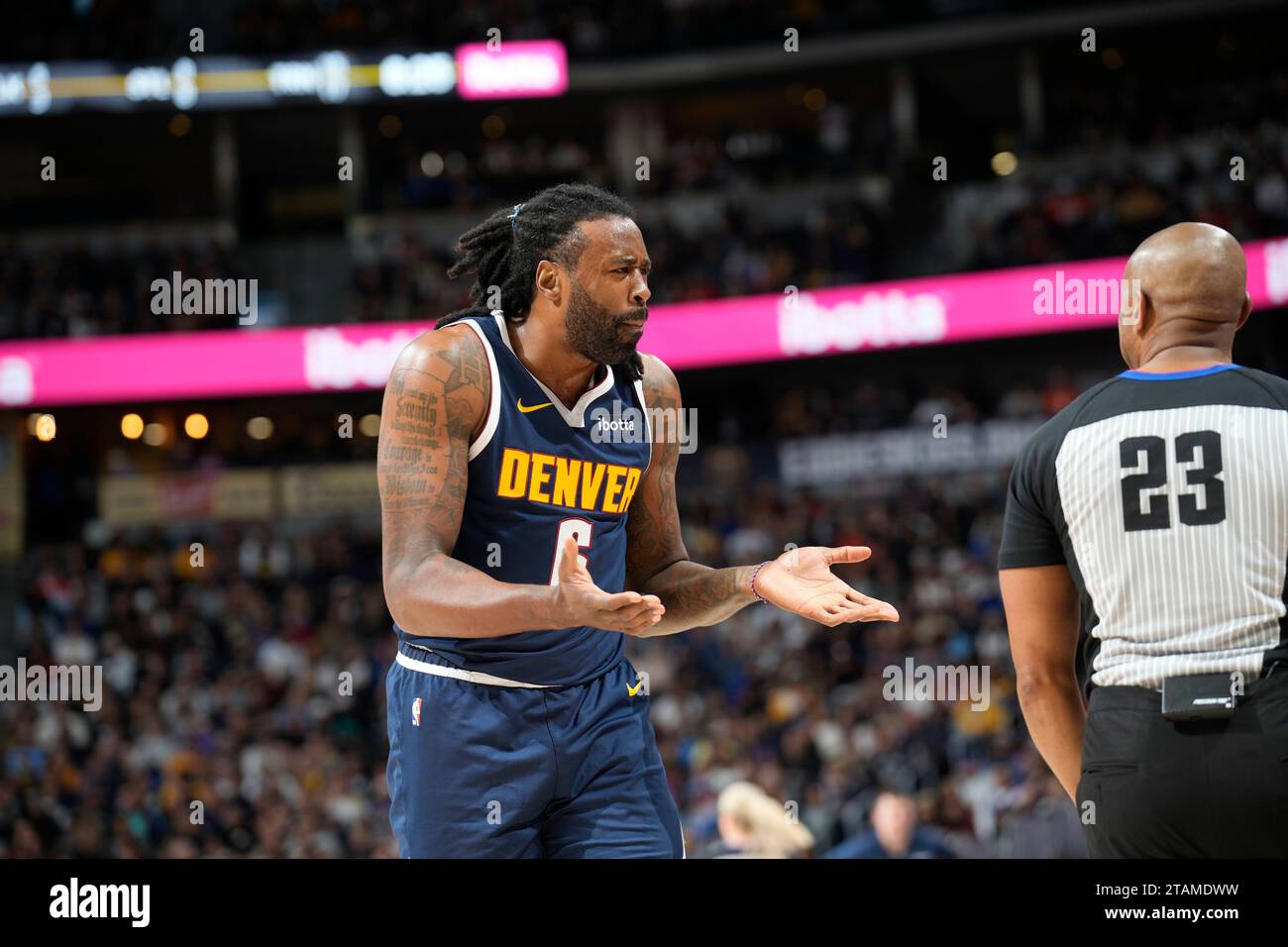 Denver Nuggets center DeAndre Jordan (6) argues with referee Tre Maddox ...