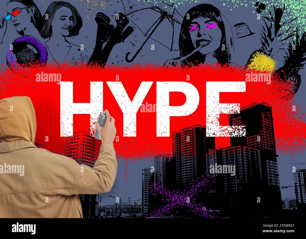 Hype, creative artwork. Man spraying paint on grey wall with different ...