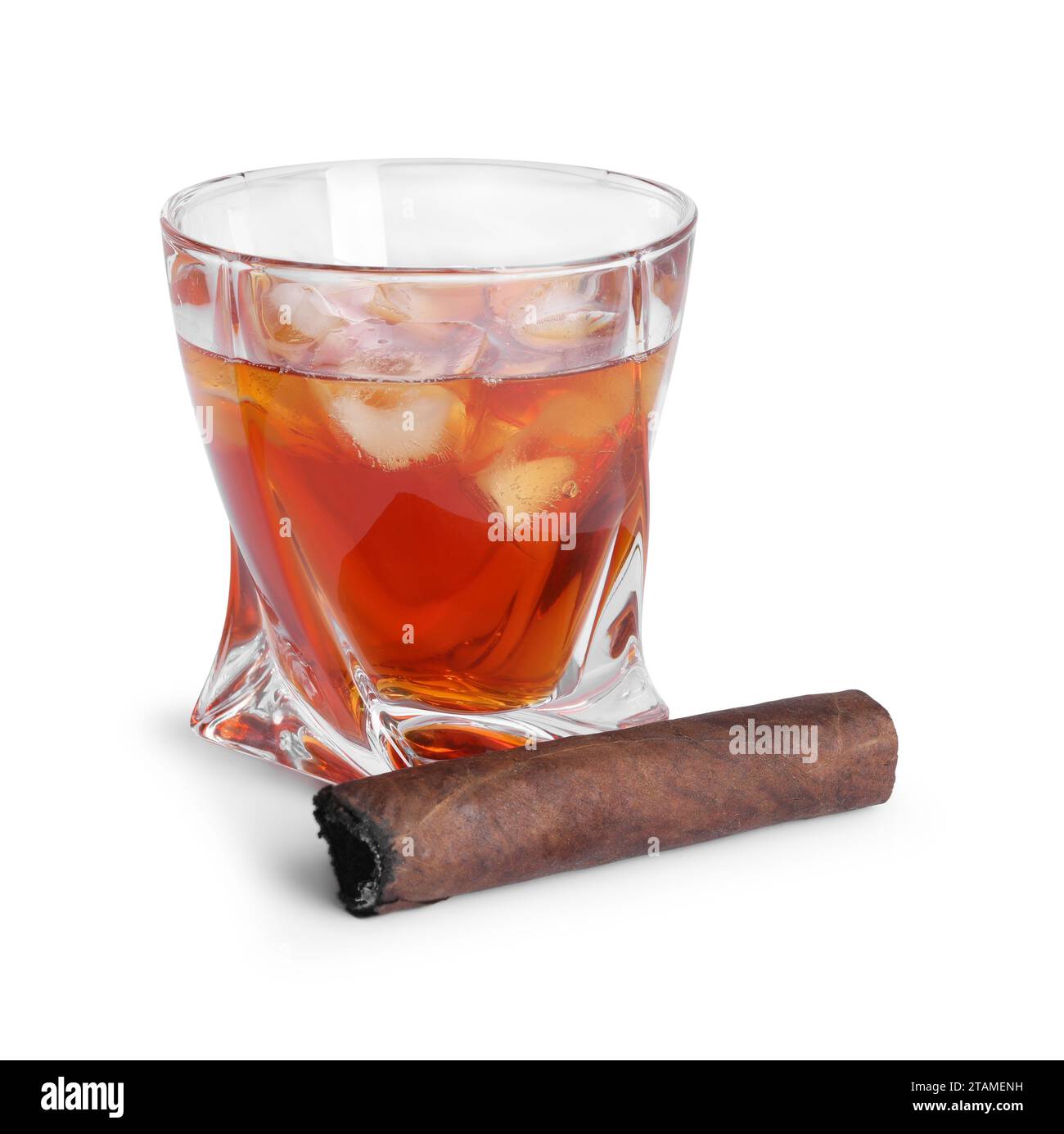 Glass of whiskey and burnt cigar isolated on white Stock Photo - Alamy
