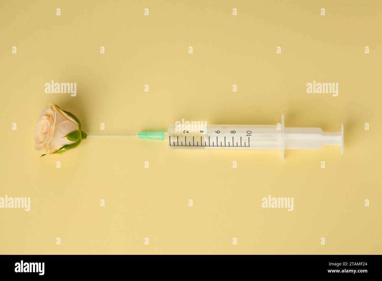 Medical syringe and beautiful rose on pale yellow background, top view ...