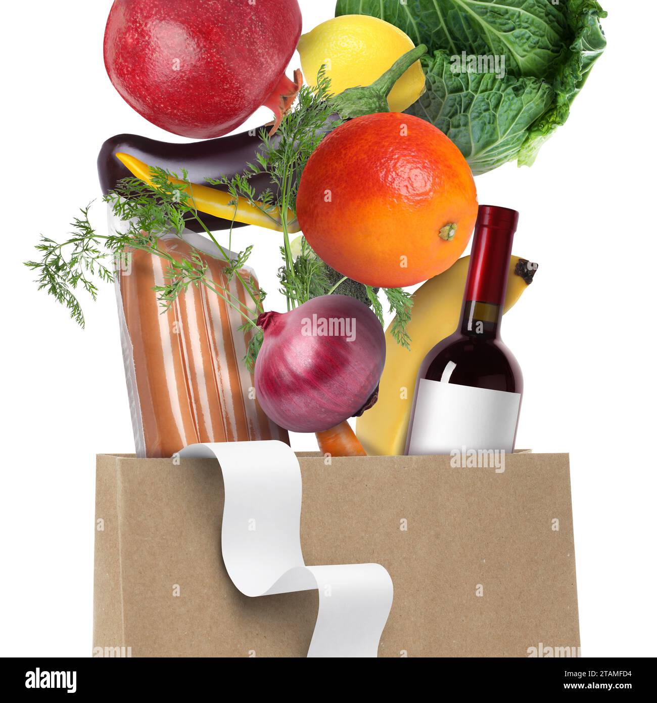 Different food products falling into paper bag on white background ...