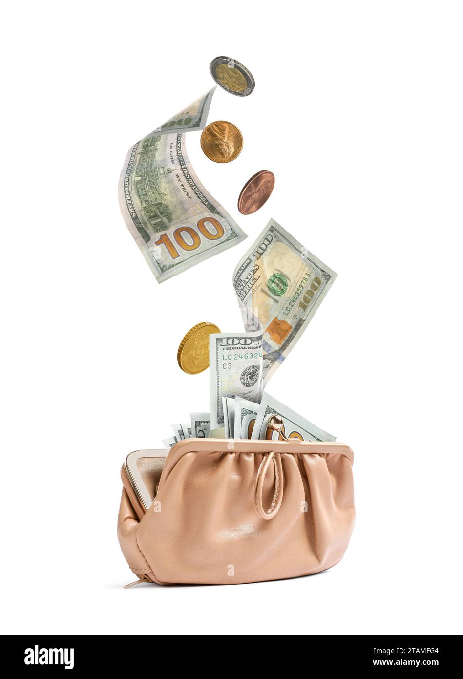 Dollar banknotes and coins falling into purse on white background Stock ...