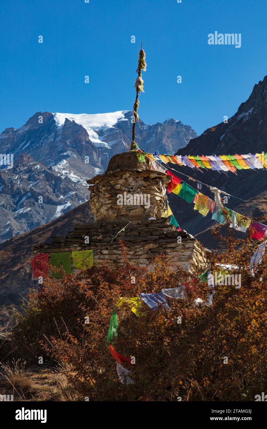 A chorten with prayer flags at Muktinath is a sacred pilgrimage site ...