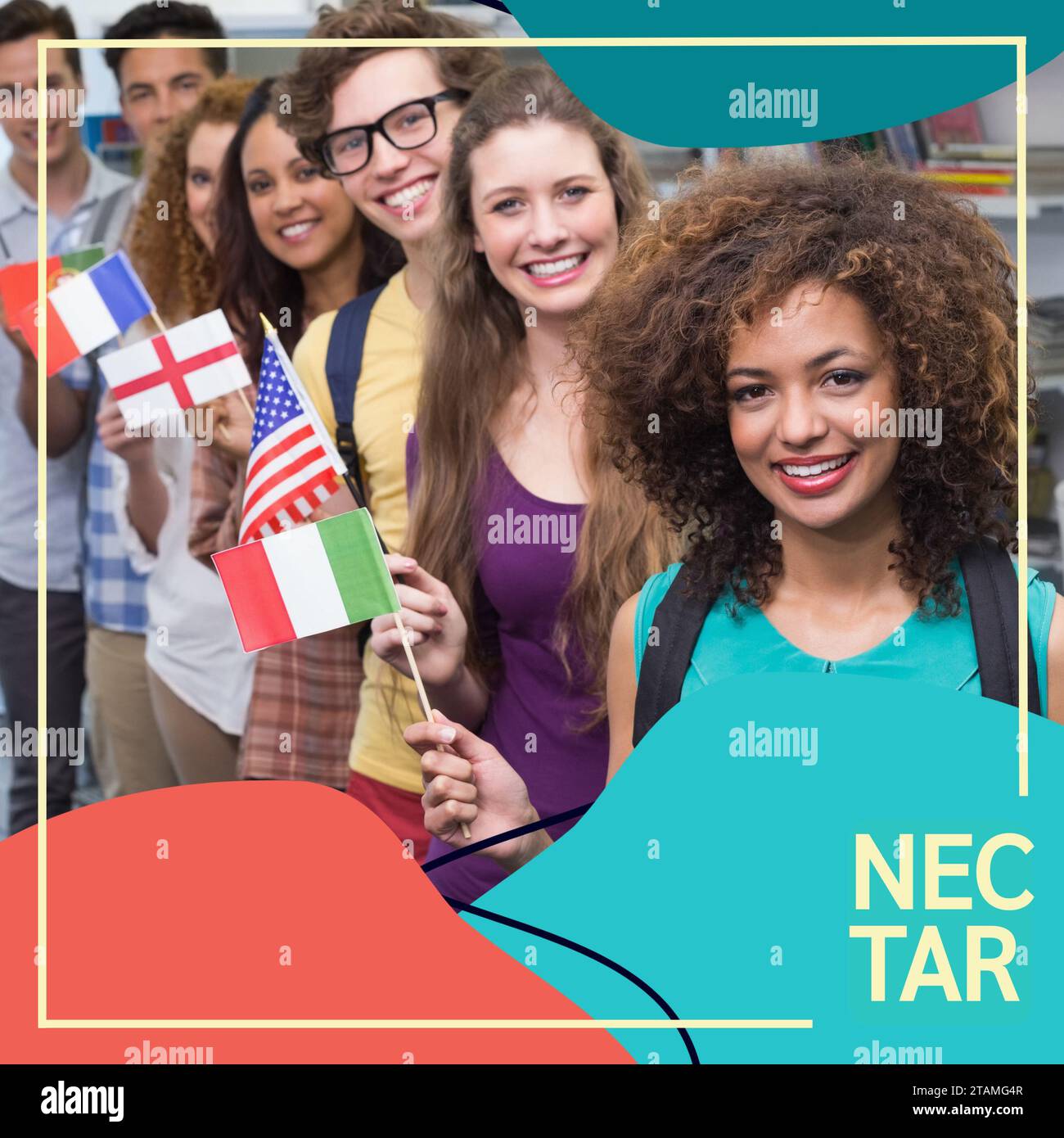 Composition of nectar text with shapes over diverse students holding ...