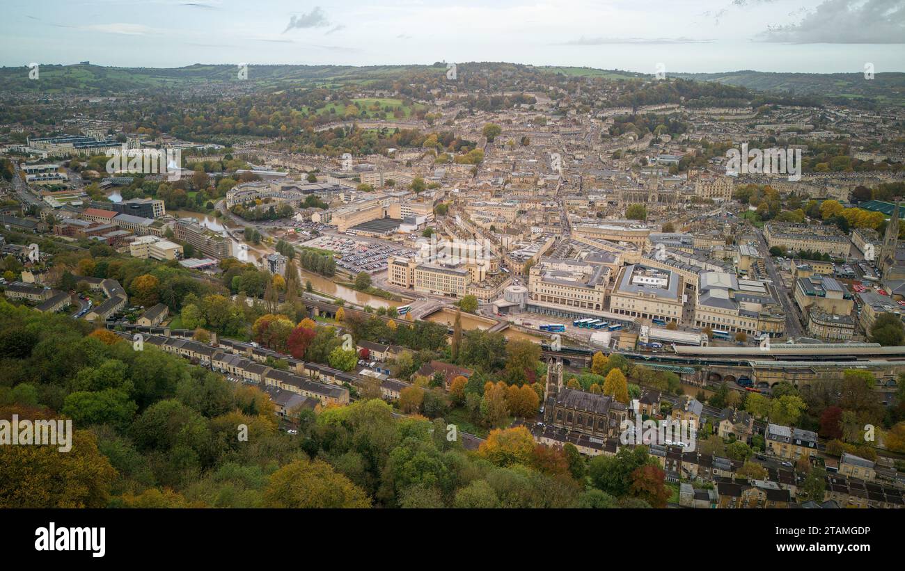 Aerial drone view over Bath City Centre, from the most popular viewing ...