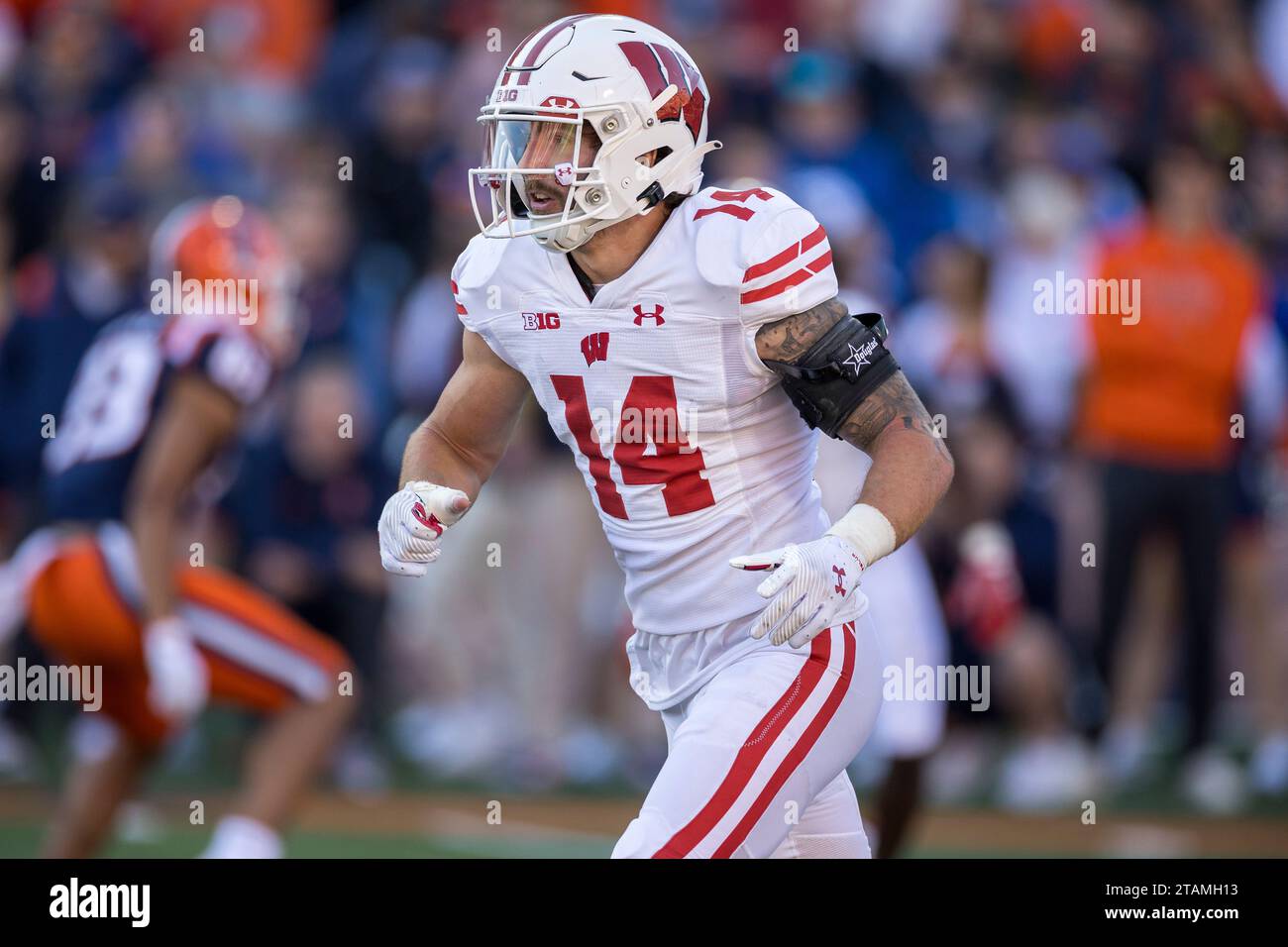 Wisconsin Badgers safety Preston Bachman (14) defends during a Big Ten ...
