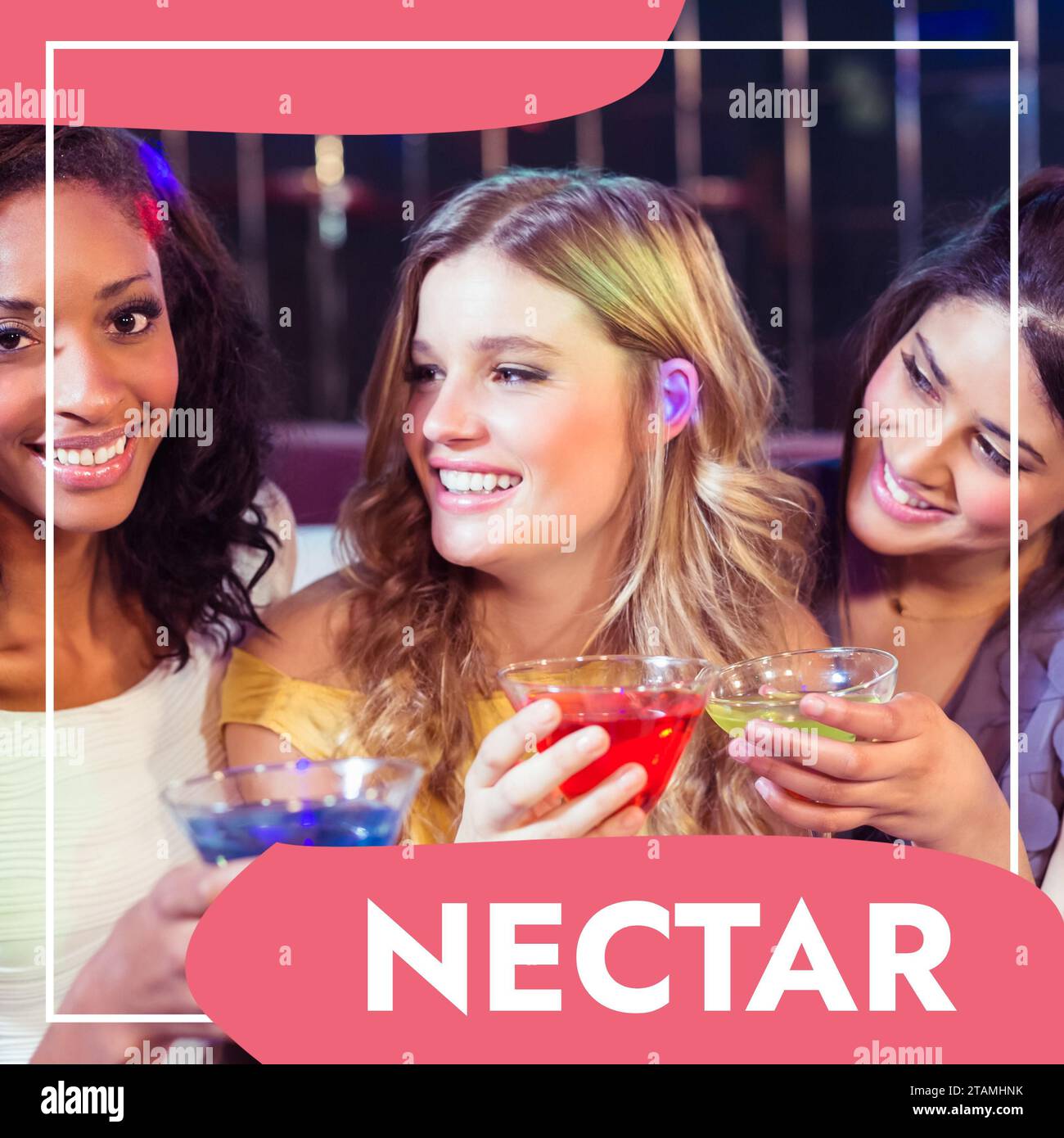 Composition of nectar text with shapes over diverse female friends ...