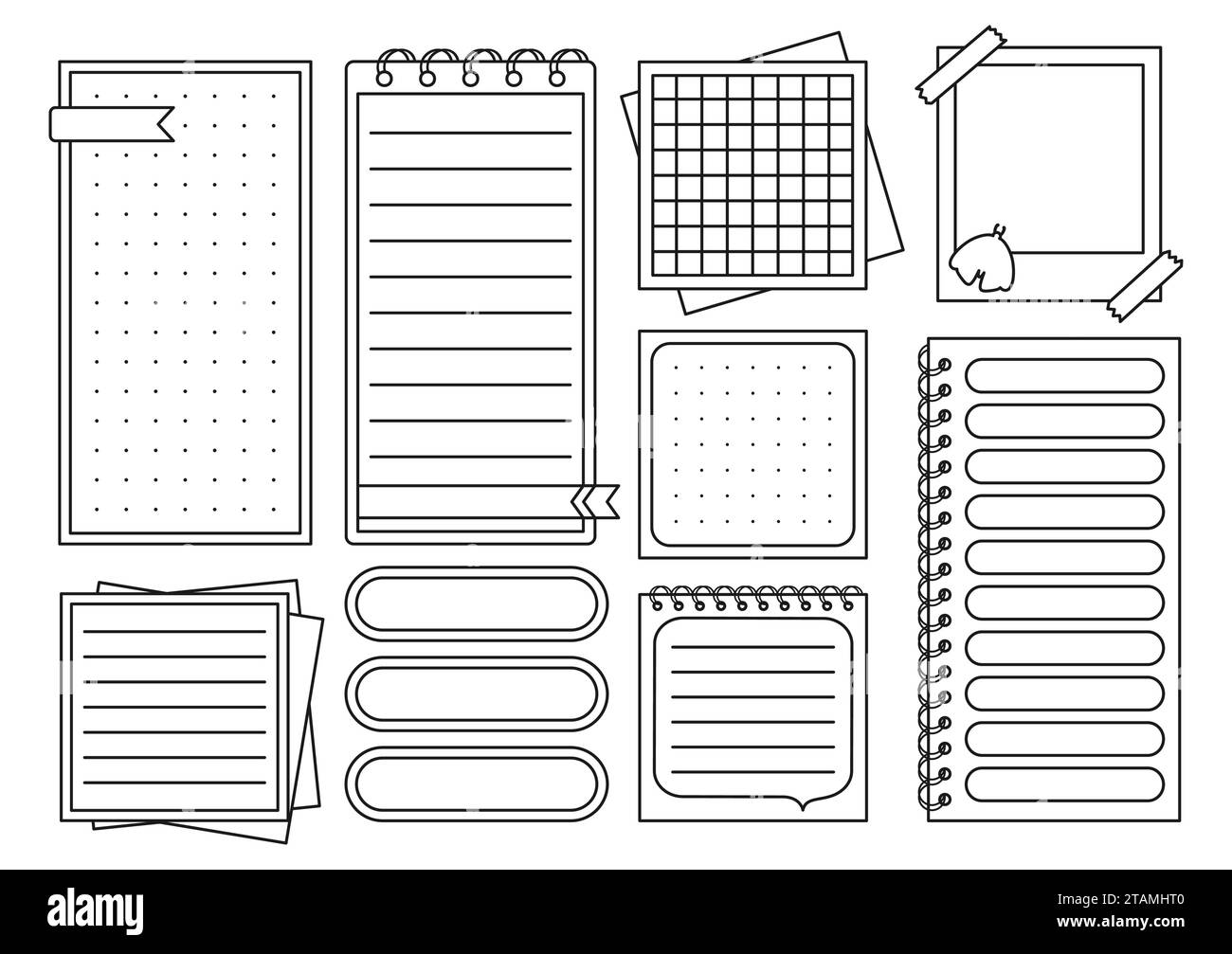 Notepaper page, bookmark and sticker outline set. Stationery elements ...