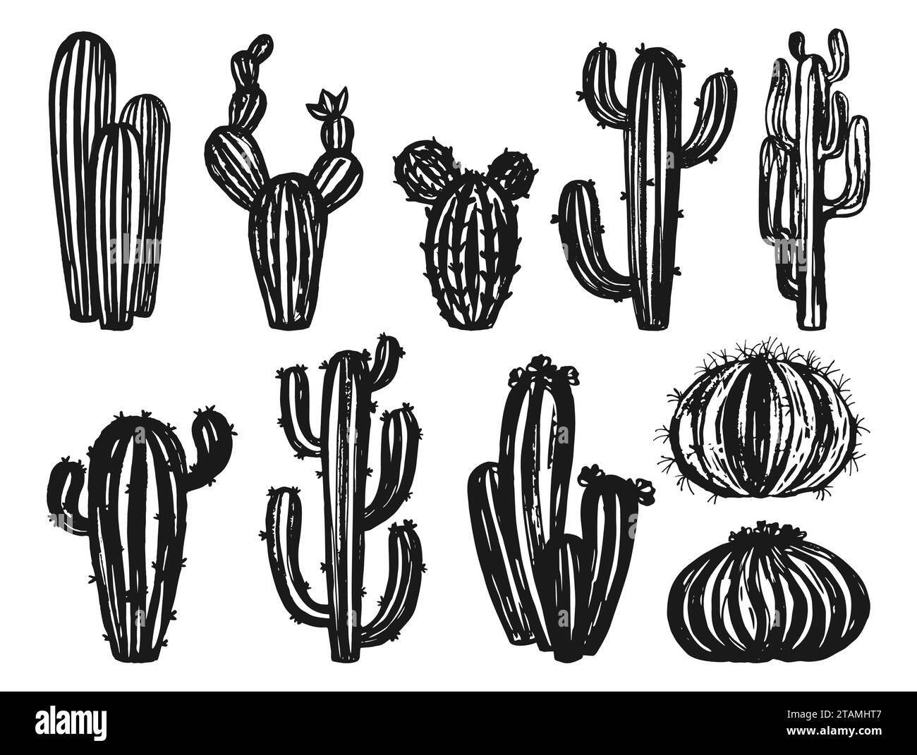 Cactus plants ink stamp set. Trendy exotic silhouette succulent ...