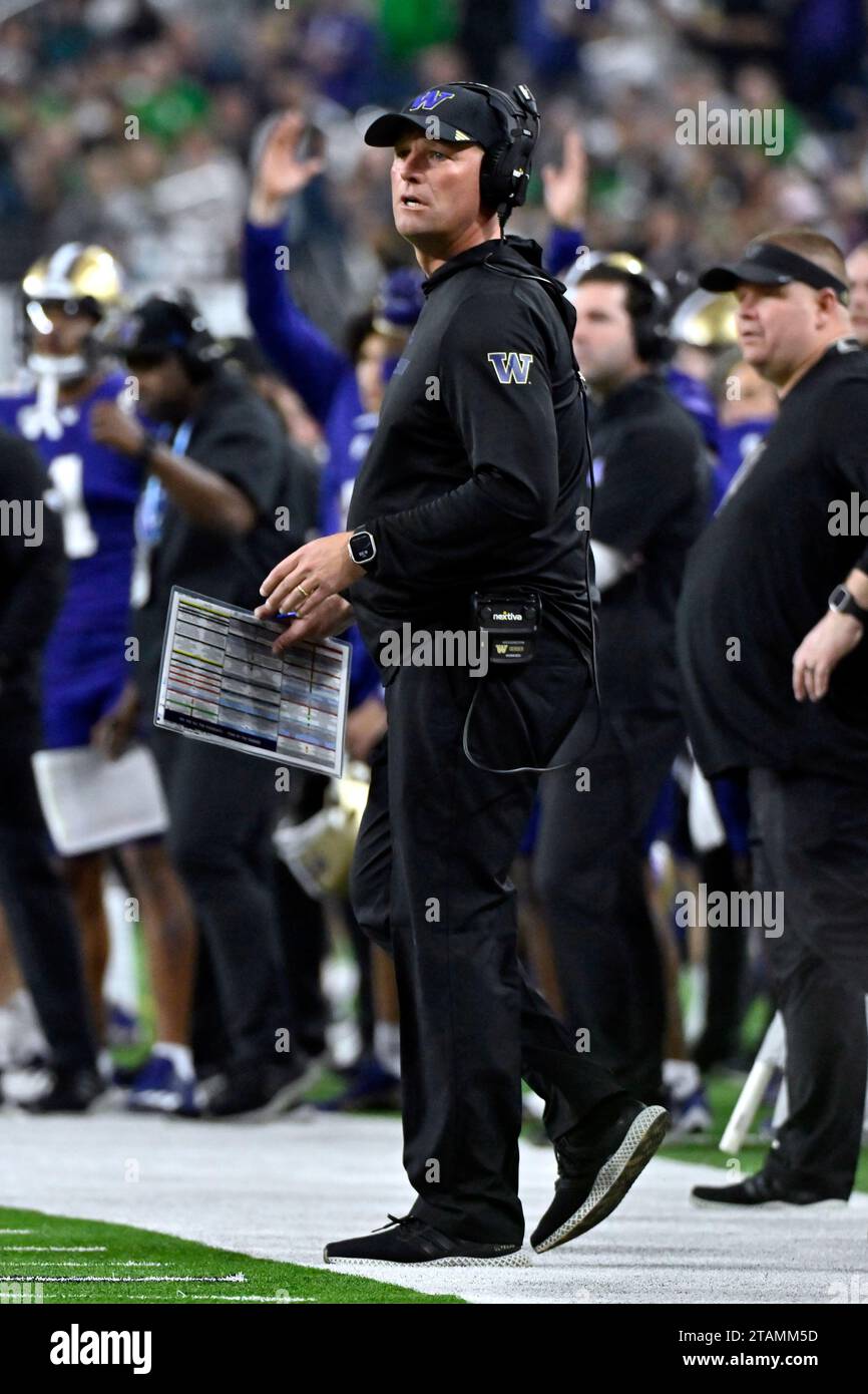 Washington head coach Kalen DeBoer looks on from the sidelines during ...