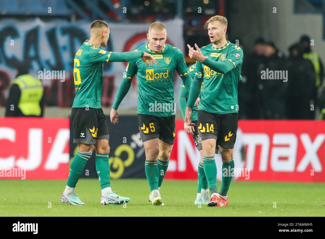 Players of GKS Katowice celebrate after scoring a goal during Fortuna 1 Polish League 2023/2024 ...