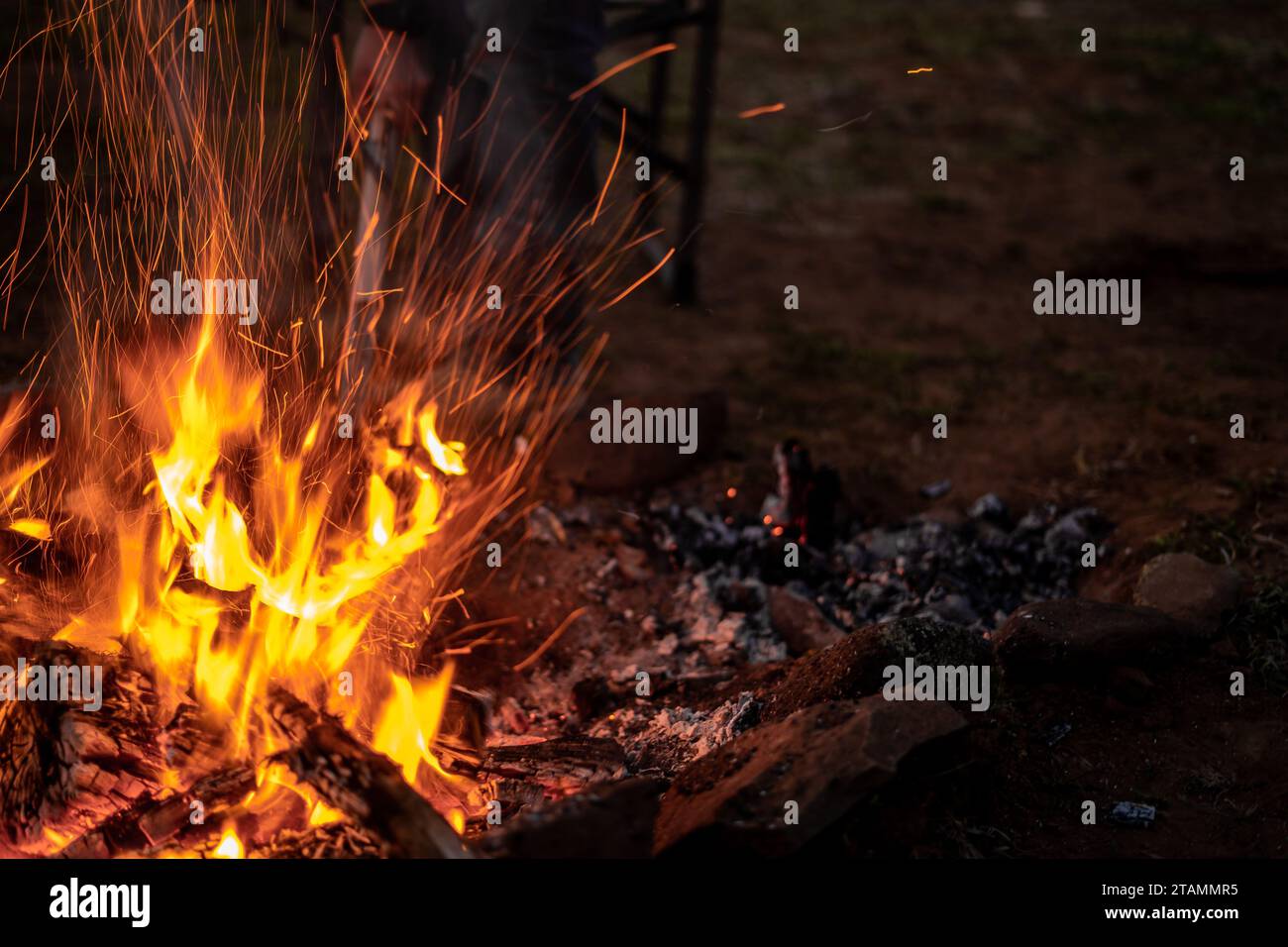 Camp Fire Outside Day Light Evening Shoveling Coals Fire Pit Blurred ...