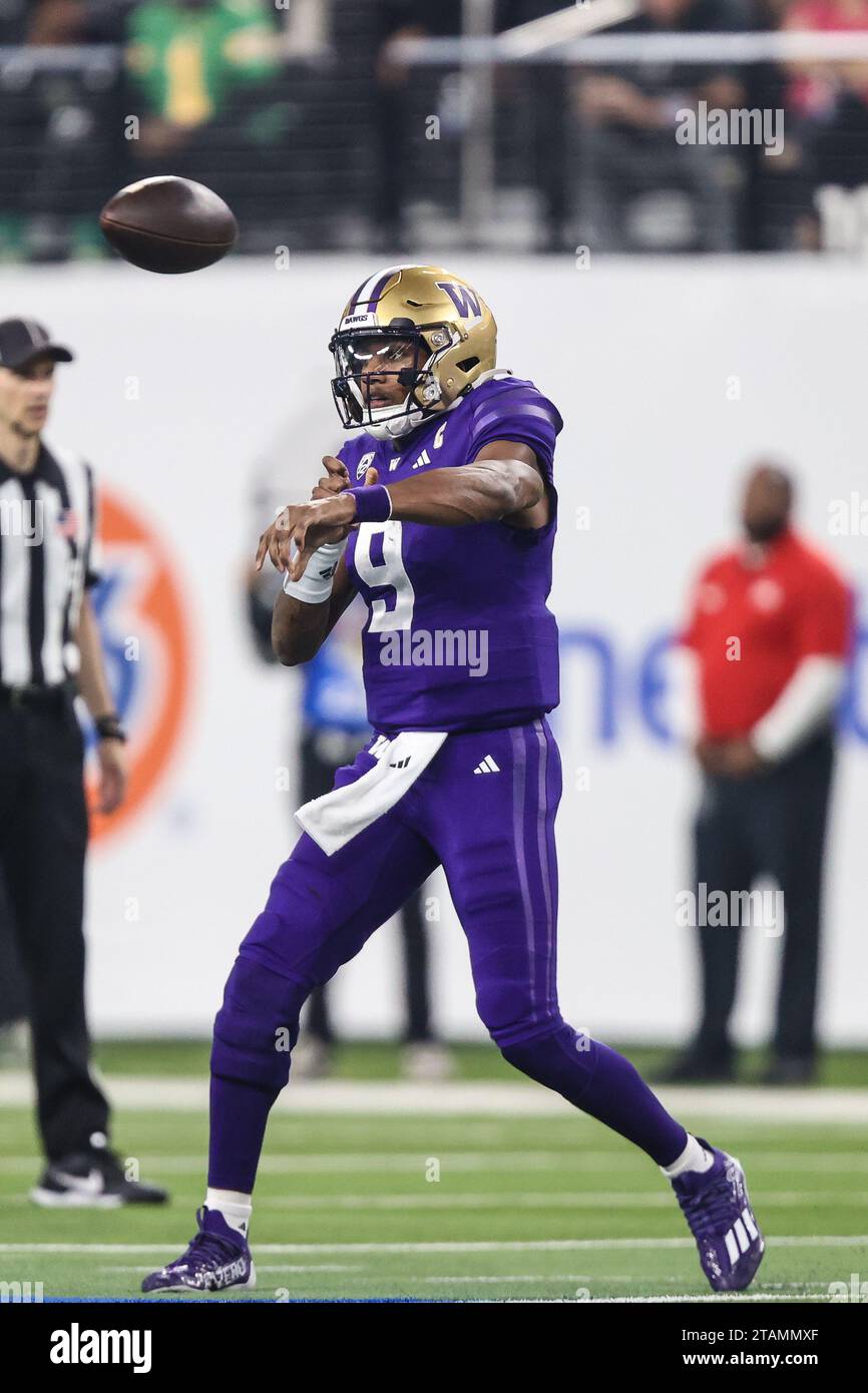 December 01, 2023: Washington Huskies quarterback Michael Penix Jr. (9) throws the football ...