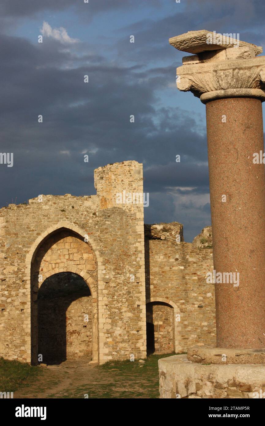 Column and arch in the interior of Methoni Castle, Greece Stock Photo ...