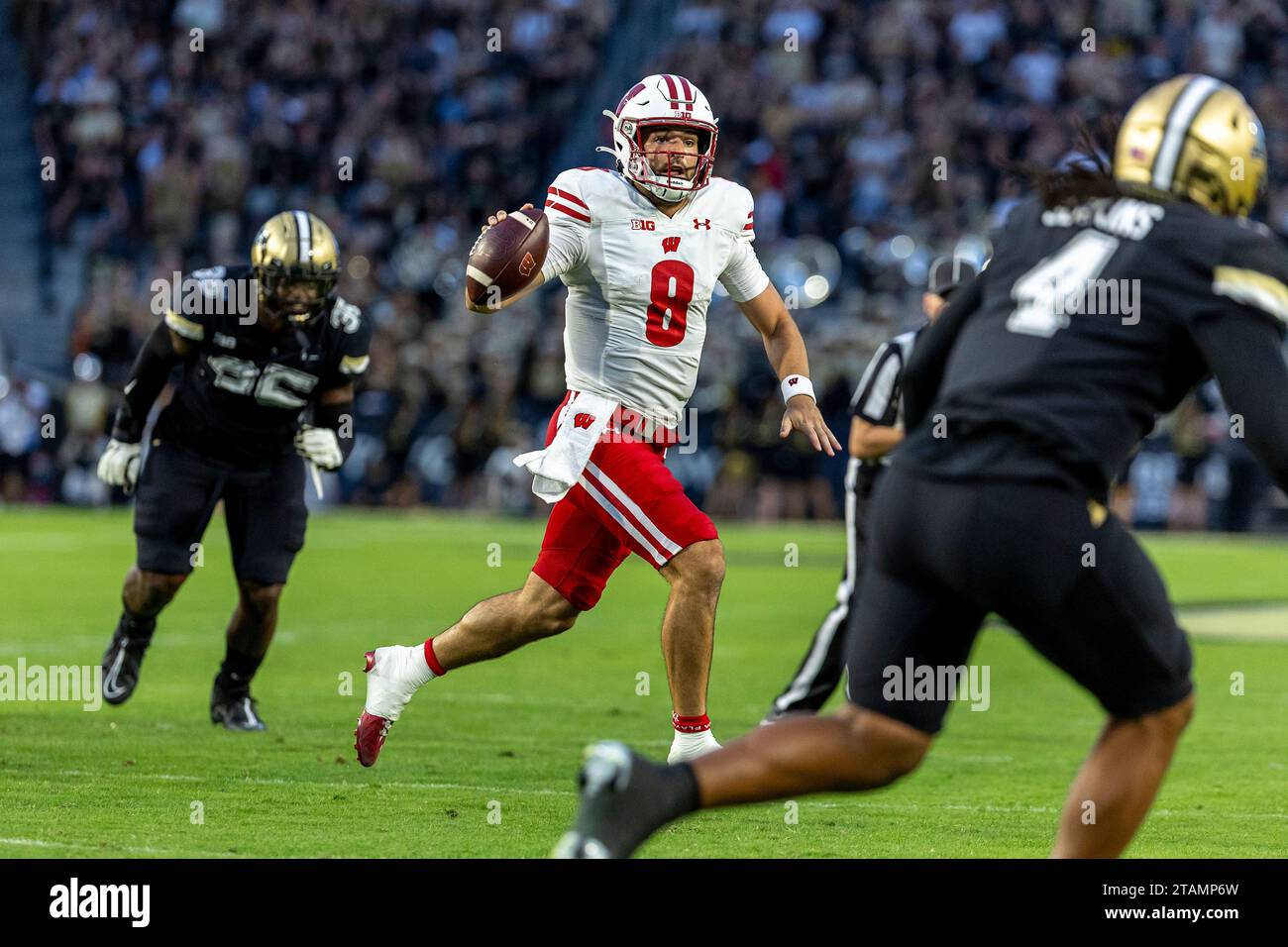 Wisconsin Badgers quarterback Tanner Mordecai (8) scrambles fore a ...