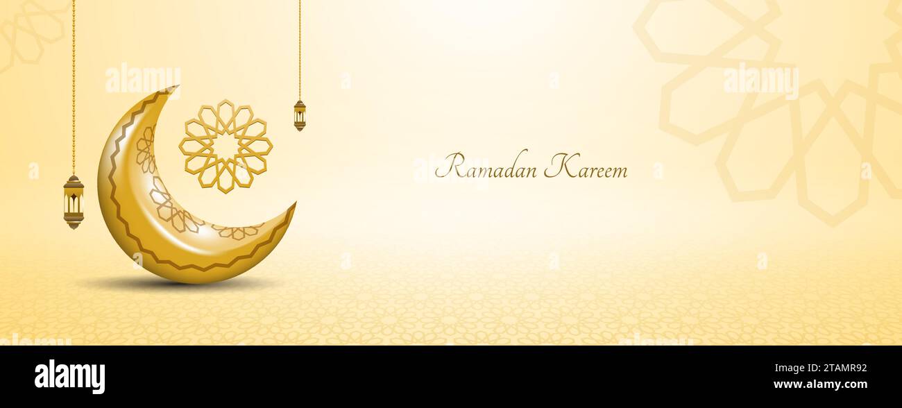 golden realistic ramadan kareem banner design with moon and lantern ...